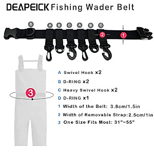 DEAPEICK Fishing Waist Belt Rod Holder Adjustable Waist Wading Belts with 6Pcs Removable Hooks and Portable Pole Inserter for Spinning Casting Fly Fishing Portable Fishing Gear Accessories Wader Strap
