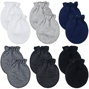 6 Pairs Newborn Baby Mittens No Scratch Infant Gloves Mitten for Baby 0-6 Months (White, Light Grey, Black, Medium Grey, Black Grey, Navy Blue)