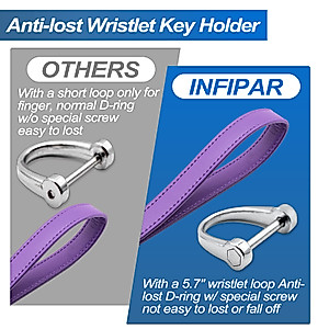 INFIPAR Car Fob Key Chain Genuine Leather Wristlet Strap Keychains Holder for Men and Women, 360 Degree Rotatable, with Anti-lost D-Ring, Carabiner Clip and 4pcs Key Rings, Purple