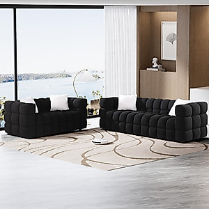 Wrofly 2 Piece Boucle Sofa Couch Set, Comfy Tufted 3 Seater and 2 Seater Love Seat Sofa for Living Room Apartment Office, Black