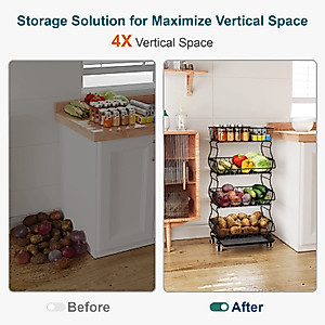 Onion and Potato Storage, Packism 4 Tier Fruit Vegetable Storage Basket with Protective Mats, Rolling Cart Vegetable Storage with Lockable Wheels for Kitchen, Bathroom, Pantry - Black