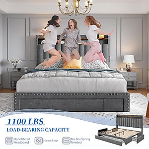 EnHomee Queen Bed Frame with 3 Drawers Upholstered Bed Frame Queen Size with Headboard, Queen Size Bed Frame, Queen Bed Frame with Storage, No Box Spring Needed, No-Noise, Easy Assembly, Grey