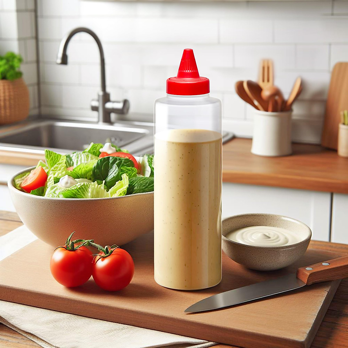 Amazing Abby 24-Ounce Plastic Squeeze Bottles (Set of 6), Reusable Condiment Bottles, BFA-Free, Dishwasher-Safe, Perfect for Ketchup, Mustard, Mayonnaise, Sauces, Condiments, Dressings, and More