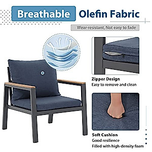 JOIVI Aluminum Patio Furniture Set, 5 Pieces Outdoor Conversation Set with Teak Wood Top Coffee Table, Sectional Sofa Set with Wood Armrest and Cushions for Outside Poolside, Lawn, Backyard, Navy Blue