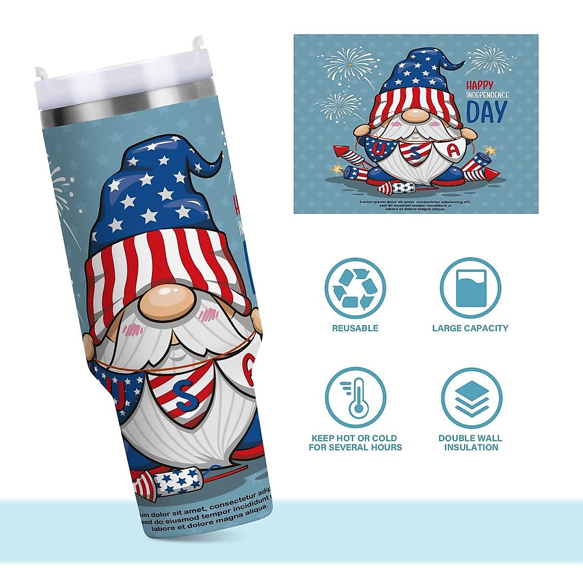 Exnundod 40 oz Tumbler with Handle Patriotic Gnome with Fireworks Insulated Stainless Steel Cup with Lid and Straw 4th July Travel Cup Leak-proof Fits in Car Cup Holder for Iced & Hot