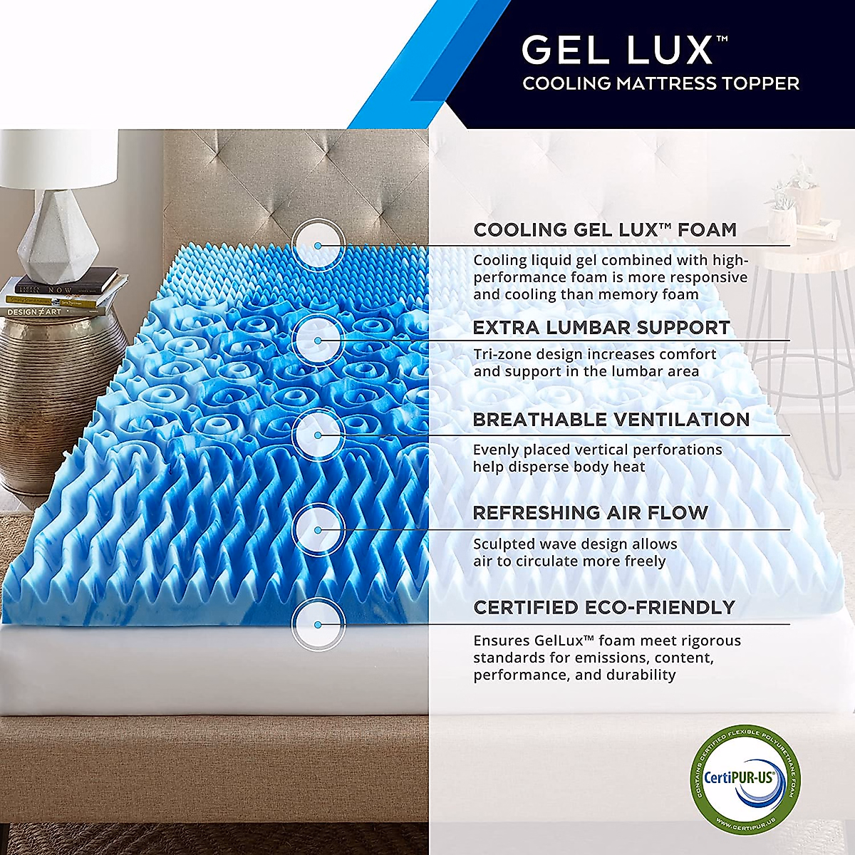 Queen Size 4" Gel Lux Memory Foam Mattress Topper: Contouring Comfort, Pressure Relief Zones, Cooling Gel Infusion, Air Flow Tech, Medium Firm Support, CertiPUR-US Certified