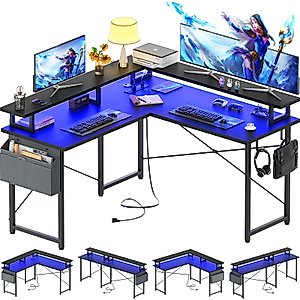 armocity L Shaped Computer Desk with Power Outlets, Gaming Desk L Shaped with LED Lights, Corner Desk with Storage Shelves, Work Study Desk for Bedroom, Home Office Small Spaces, 47'', Black