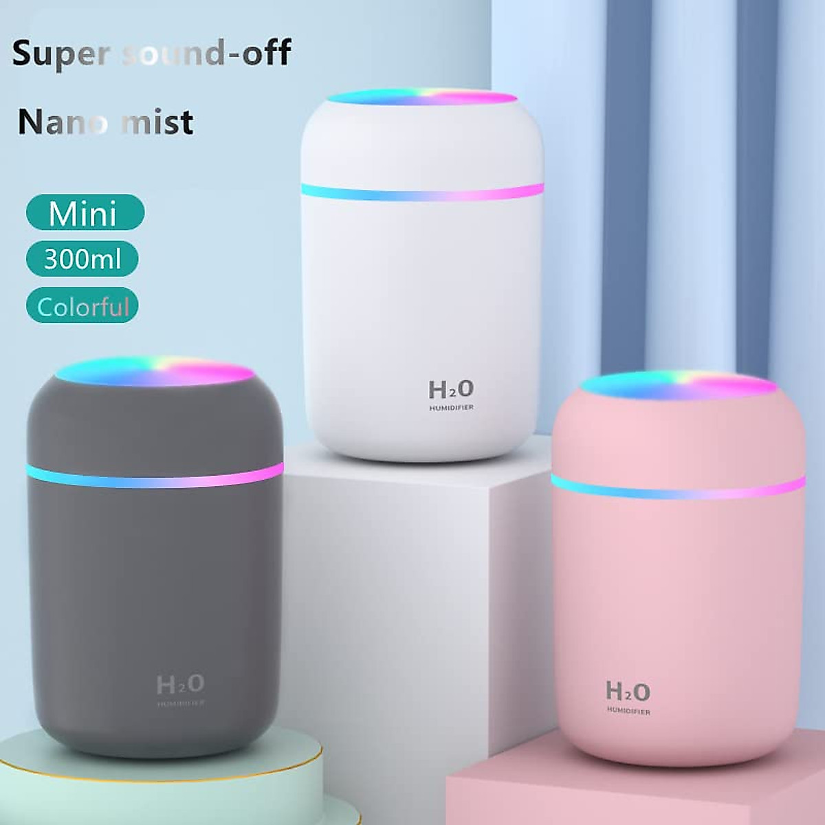 Colorful Cool Humidifier USB-Only 300ml Portable with 7 Colors 2 Fog Mode Ultra Quiet Suitable for Home Car Bedroom Office and Travel (Gray)