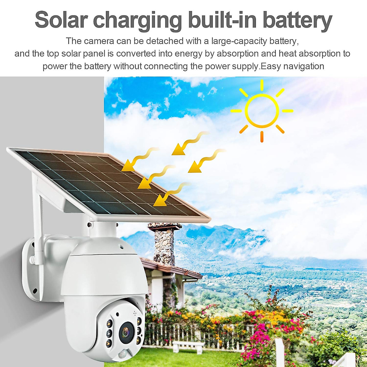 EVERSECU Wireless Solar Powered 2.4Ghz WiFi PTZ Security Camera with Rechargeable Battery Outdoor Home Surveillance, 2-Way Audio, Wire-Free Support Cloud/Local SD Storage, Outdoor Weatherproof