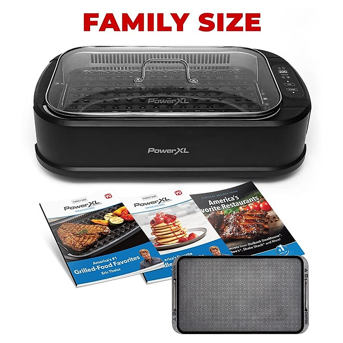 PowerXL Smokeless Grill Family Size- with Tempered Glass Lid with Interchangeable Grill and Griddle Plate and Turbo Speed Smoke Extractor Technology 22.1” X13.2” X 6.1