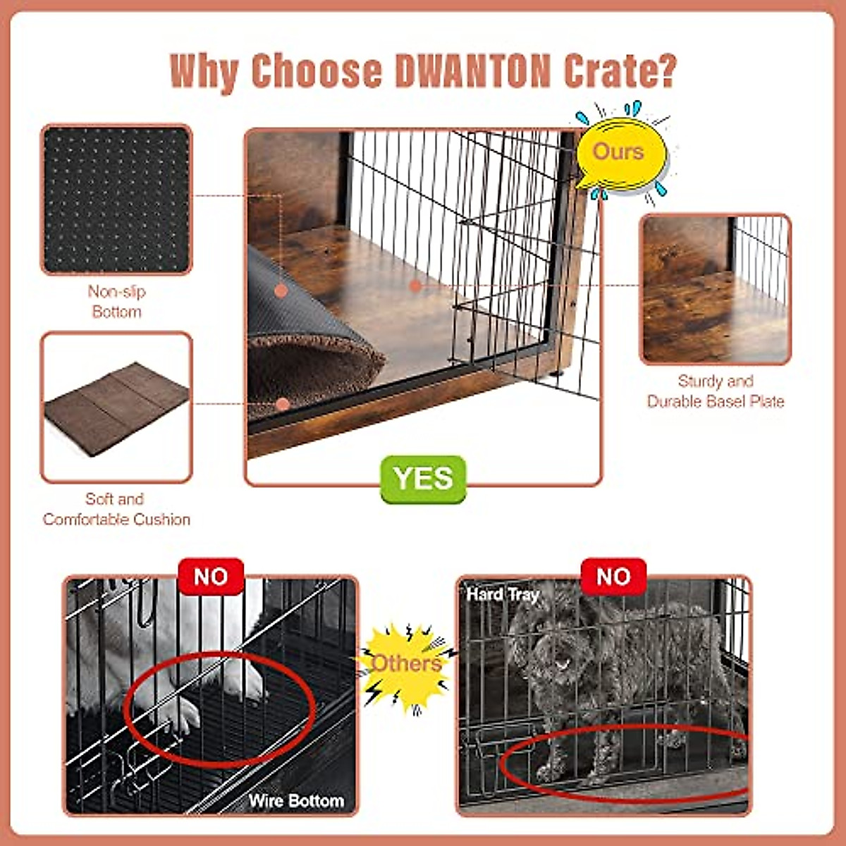 DWANTON Dog Crate Furniture with Cushion, Wooden Dog Crate Table, Double-Doors Dog Furniture, Indoor Dog Kennel, Dog House, Dog Cage Medium, 32.5" L