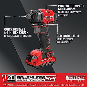 CRAFTSMAN V20 Cordless Impact Driver, 1/4 inch, Battery and Charger Included (CMCF813C2)