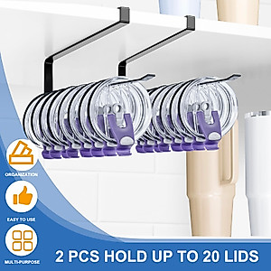 Xlajiao 2 Pack Tumbler Lid Organizer, Premium Tumbler Lid Storage Hook Up to 20 Lids, Space Saving Cup Lid Holders Under Cabinet Tumbler Lid Hook for Kitchen Organizer, No Adhesive No Drill (Black)