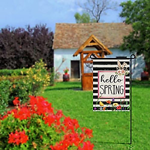 Hello Spring Flower Garden Flag 12x18 Inch Double Sided Burlap Outside, Seasonal Floral Bunny Sign Yard Farmhouse Outdoor Decor DF231