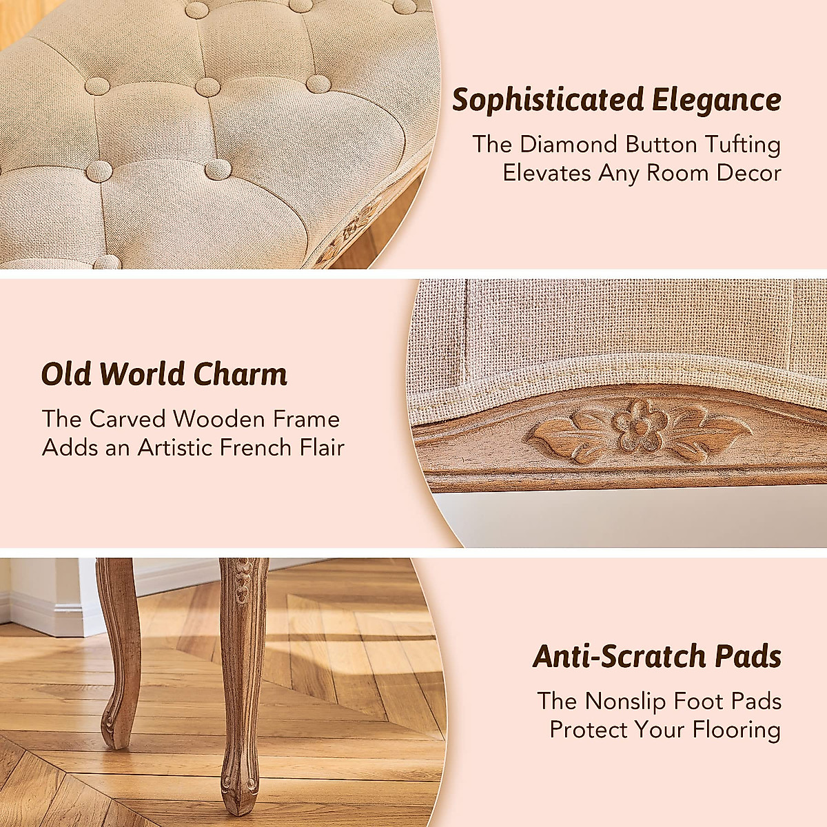 VONLUCE Vintage Dining Bench with Padded Seat & Rubberwood Legs, 44" Memory Foam Upholstered Entryway Bench, Tufted Fabric End of Bed Bench for Bedroom and Living Room, French Style, Beige