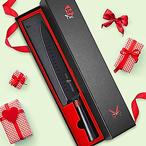 TUO Slicing Knife 9" - Ultra Sharp Granton BBQ Carving Knives - HC Japanese AUS-8 Stainless Steel - Comfortable Pakkawood Handle with Sheath & Luxurious Gift Box - Dark Knight Series
