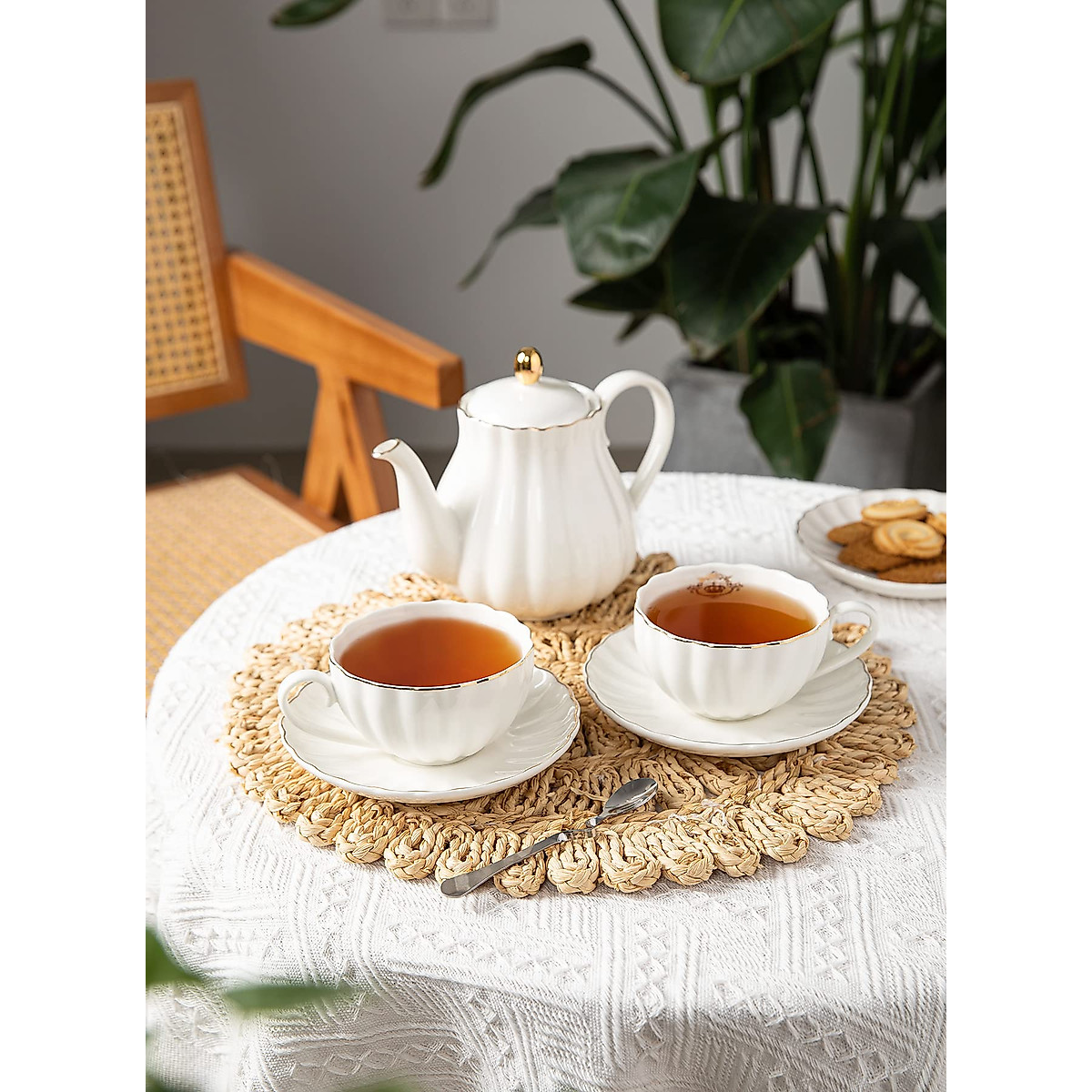 Amazingware Royal Tea Cups and Saucers, with Gold Trim and Gift Box, British Coffee Cups, Tea Cup Set, Porcelain Tea Set, Cappuccino Cups, Latte Cups, Set of 6 (8 oz)- White