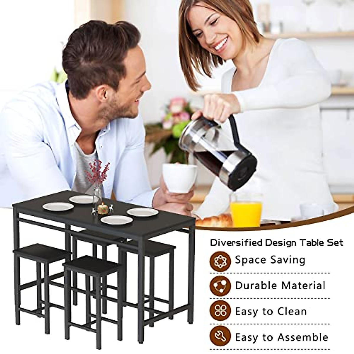 DKLGG Dining Table Set for 4/Bar Table Set, Kitchen Table with 4 Chairs for Living Room, Table and Chairs Dining Set 4 Piece Set for Bar, Pub, Apartment, Restaurant