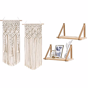 Mkono 4 Pack - 2pcs Hanging Wall Shelf Floating Wood Storage Shelves Leather Strap Swing Organizer, and 2pcs Macrame Woven Wall Hanging Boho Home Chic Bohemian Geometric Art Decor