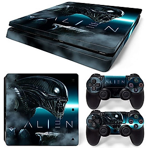 ZOOMHITSKINS Compatible with PS4 Slim Skin, Alien Supernatural SciFi Neon Black Blue, Durable & Fit, 3M Vinyl, Made in The USA