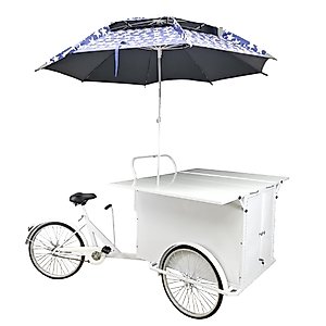 Fixturedisplays® 24" Tire 90 X 51.5 X 41" White Vending Trike Mobile Food Beverage Bike Cart White Blue Star with 86.6" Umbrella 10165-NF