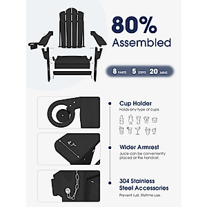 KINGYES Folding Adjustable Backrest Adirondack Chair with Cup Holder, Oversized Weather Resistance Adirondack Chair, HDPE Reclining Adirondack Chair for Adult, Black