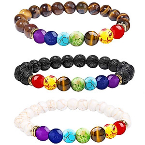 ONESING 3 Pcs Chakra Bracelets for Women Rock 7 Chakras Crystals and Healing Stones Bracelets 8mm Crystal Bracelets Yoga Beaded Bracelets for Women Men Essential Oil Diffuser