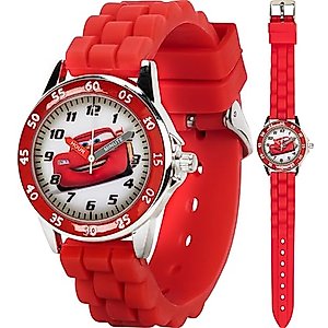 Disney Pixar Cars Kids' Time-Teaching Watch – Lightning McQueen Design with Red Silicone Strap, Easy-to-Read Dial, and Adjustable Fit for Wrists 5.5" to 8"