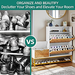 YITAHOME Shoe Cabinet with 2 Flip Drawers for Entryway, Large Shoe Storage Cabinet with Shoe Storage Bench, Hidden Narrow Shoe Rack with Door Shoe Storage Organizer for Living Room, White