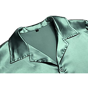 URRU Men's Luxury Shiny Silk Like Satin Dress Shirt Cuban Collar Short Sleeve Casual Slim Fit Muscle Button Up Shirts Light Green L