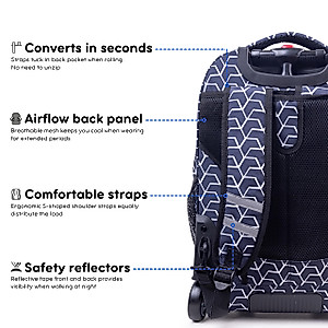 J World New York Sundance Rolling Backpack Girl Boy Roller Bookbag, Black and White, 20 X 13 X 9 (H X W X D)