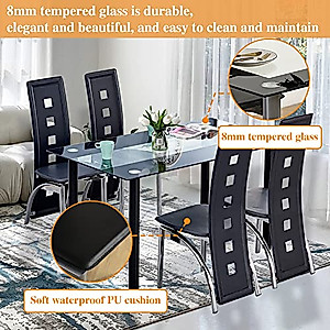 HomVent Dining Table Set for 4, Small Tempered Glass Dining Room Table Set, Kitchen Table and Chairs for Small Spaces, Transparent,White Modern 110cm, Stainless Steel PU Leather (Transparent & Black)