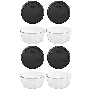Pyrex (4) 7203 Glass Bowls & (4) Pyrex 7402-PC Black Lids Made in the USA