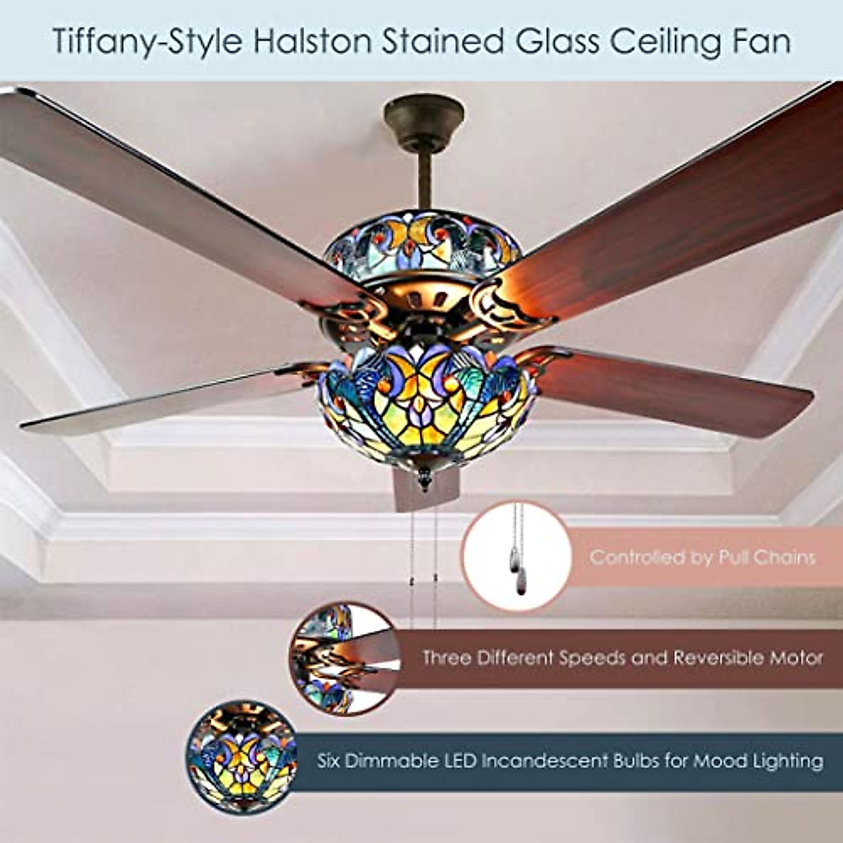 RIVER OF GOODS Tiffany-Style Halston Stained Glass Ceiling Fan - 52" L x 52" W - Mahogany and Black Fan Blades - Blue