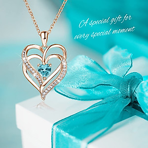 Love Heart Necklace for Women 925 Sterling Silver Gold Plated Birthstone Pendant Necklaces for Women with 5A Cubic Zirconia Valentine‘s Gift Birthday Gift for Mom Women Her (Z-Rose Gold-03-Mar)