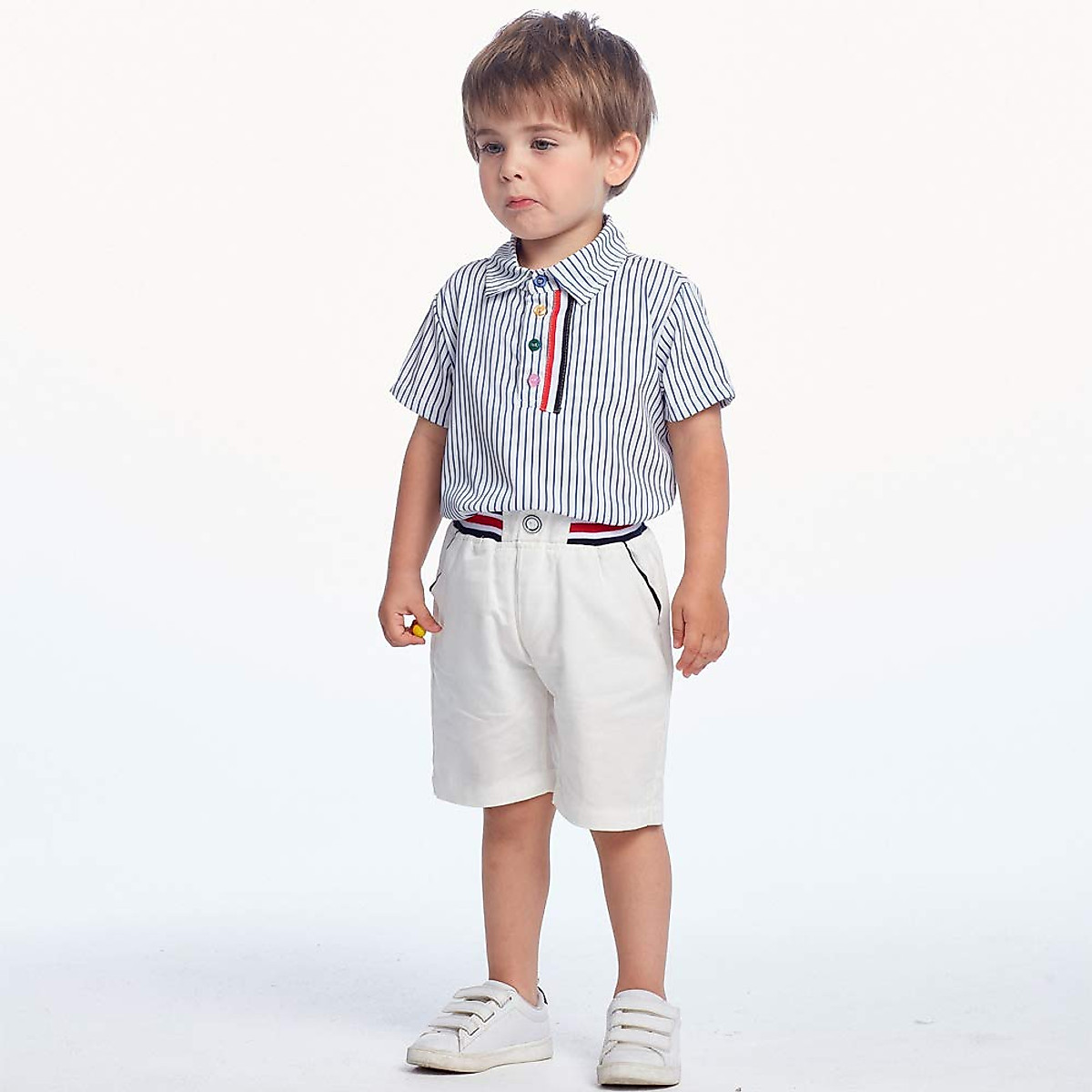 Top and Top Toddler Baby Boys Short Sleeve Button Down Blue Striped Shirts Short Pants Clothing Sets (110/4T)