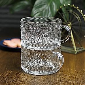 LUXU Vintage Glass Coffee Mugs 14oz Set of 4 Clear Glass Tea Cups,Stackable Glass Coffee Cups,Cute Coffee Bar Accessories,Iced Coffee Glasses,Clear Embossed Glass Cups for Cappuccino,Latte,Beverages
