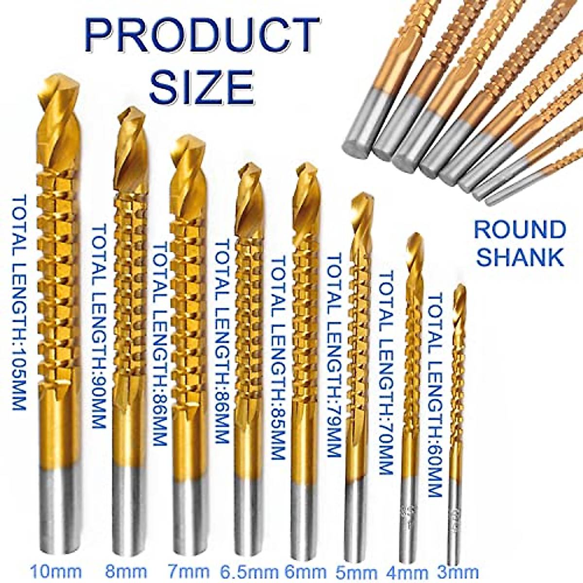 Titanium Coated HSS Twist Drill Bits - 8Pcs 3-10mm Serrated Grooving Cutting Carpenter Side Cutting Tap Spiral Saw Drill Bit Woodworking Wood Metal Plastic Hole Holesaw Tool (8)