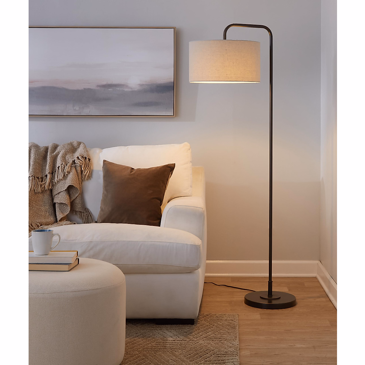 Grandview Gallery Puck 63" Contemporary Metal Floor Lamp in Oil Rubbed Bronze with Beige Linen Shade