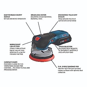 BOSCH GEX18V-5B15 18V Brushless 5 In. Random Orbit Sander Kit with (1) CORE18V 4 Ah Advanced Power Battery