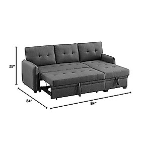 INFINI FURNISHINGS Reversible Storage Chaise Lounge 84" Wide Sectional Sofa with Pull Out Sleeper Bed, Dark Gray