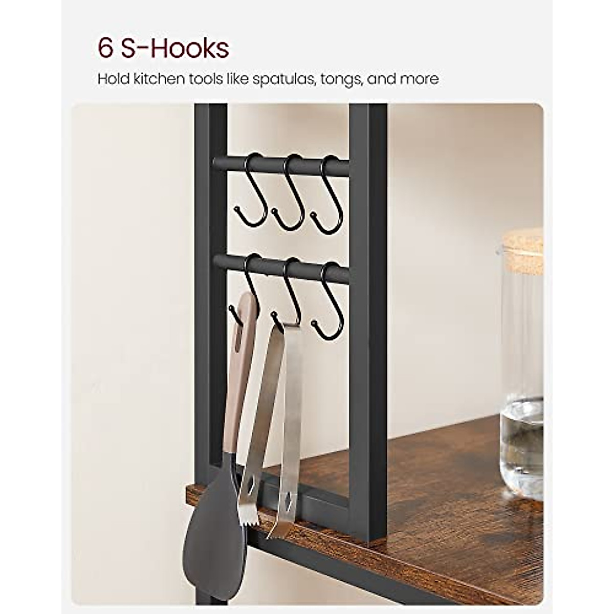 VASAGLE Baker's Rack, Microwave Oven Stand, Kitchen Tall Utility Storage Shelf, 6 Hooks and Metal Frame, Industrial, 15.7 x 31.5 x 65.7 Inches, Rustic Brown and Black UKKS019B01