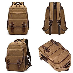 VAZUOOL Canvas Laptop Backpack, Vintage Daypack for Men Women, Brown Travel Rucksack Backpack College Bookbag Work Computer Bag Fits 15.6 Inch Laptop, Brown