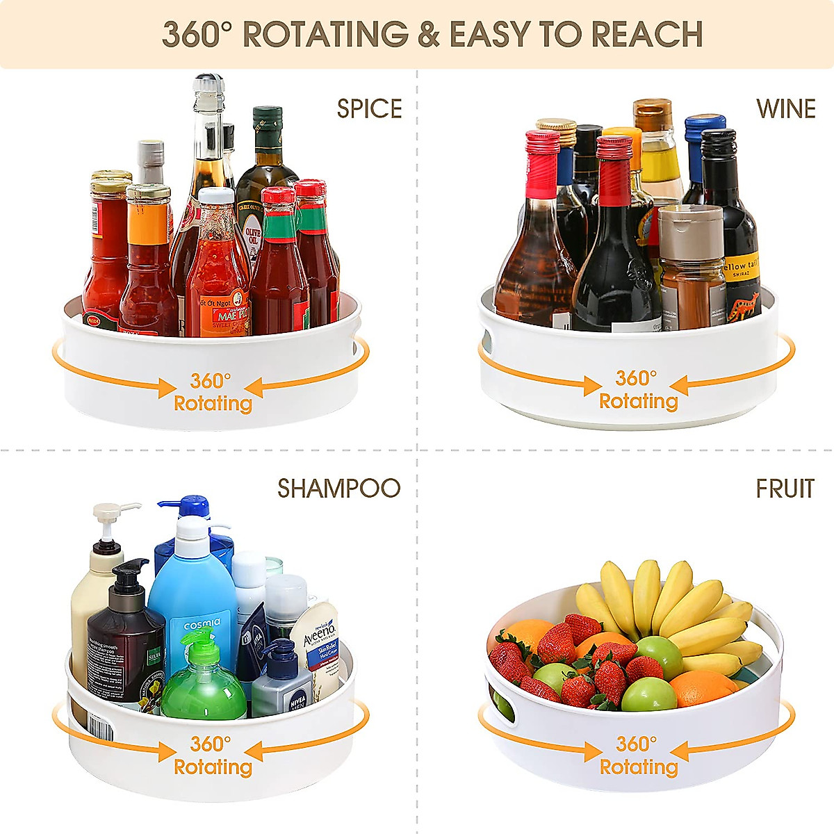 Jeko 2 Pack Plastic Lazy Susan Turntable Storage Container Non-Skid Lining Kitchen Spinning Cabinet Organizers, 9" & 12" Rotating Spice Organizer for Fridge, Pantry, Countertop, Vanity