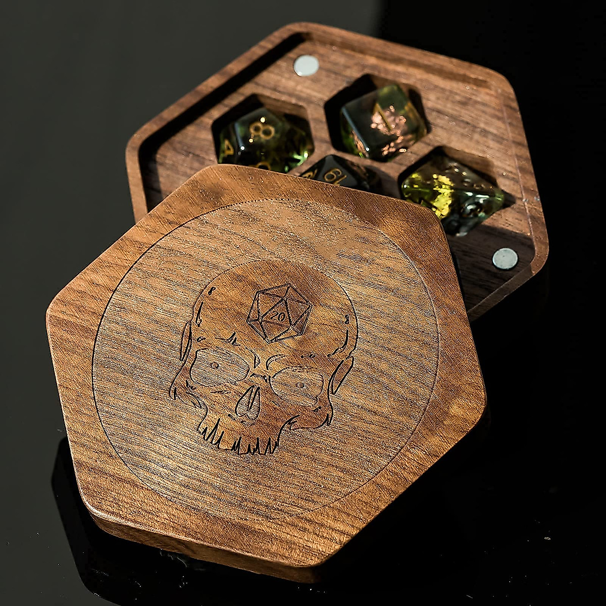 2 Pack (A Wooden Dice Set Box and A 7Pcs Resin DND Dice Set for Dungeons and Dragons)