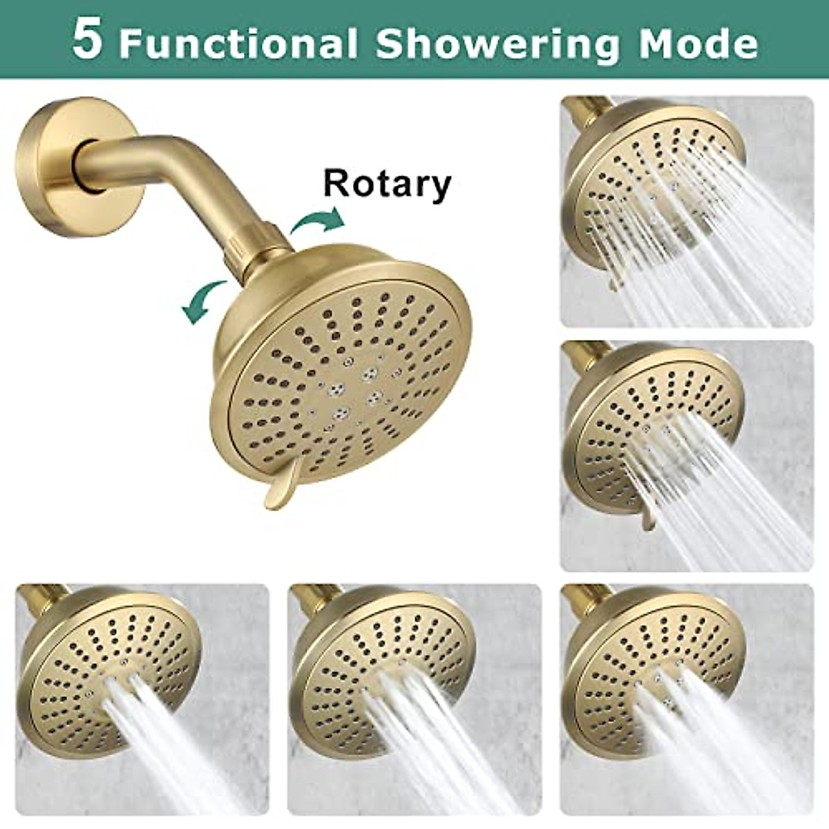 PARLOS Shower System, Brushed Gold Shower Faucet Set with Tub Spout(Valve Included), 5-Setting Mode Shower Head and Tub Spout with Diverter, Multi-Function Wall Mounted Shower Bathtub Combo, 1436908