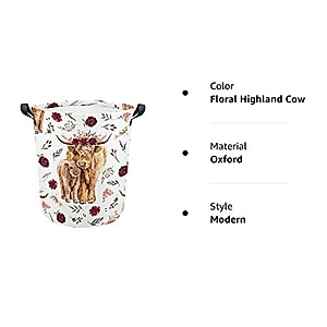 RENJUNDUN Floral Highland Cow Storage Basket Collapsible Toys Storage Box Bin Laundry Organizer for Closet Shelf Nursery Kids Bedroom, 17.3'' Hx16.5''D