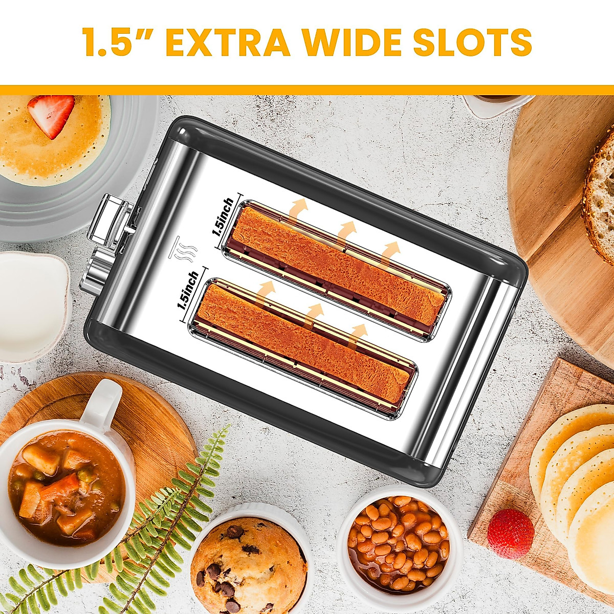 Simple Deluxe 2-Slice Toaster, Stainless Steel Toaster, 6 Browning Setting and 3 Function, Extra Wide Slot & Removable Crumb Tray, for Bread & Waffle, Black