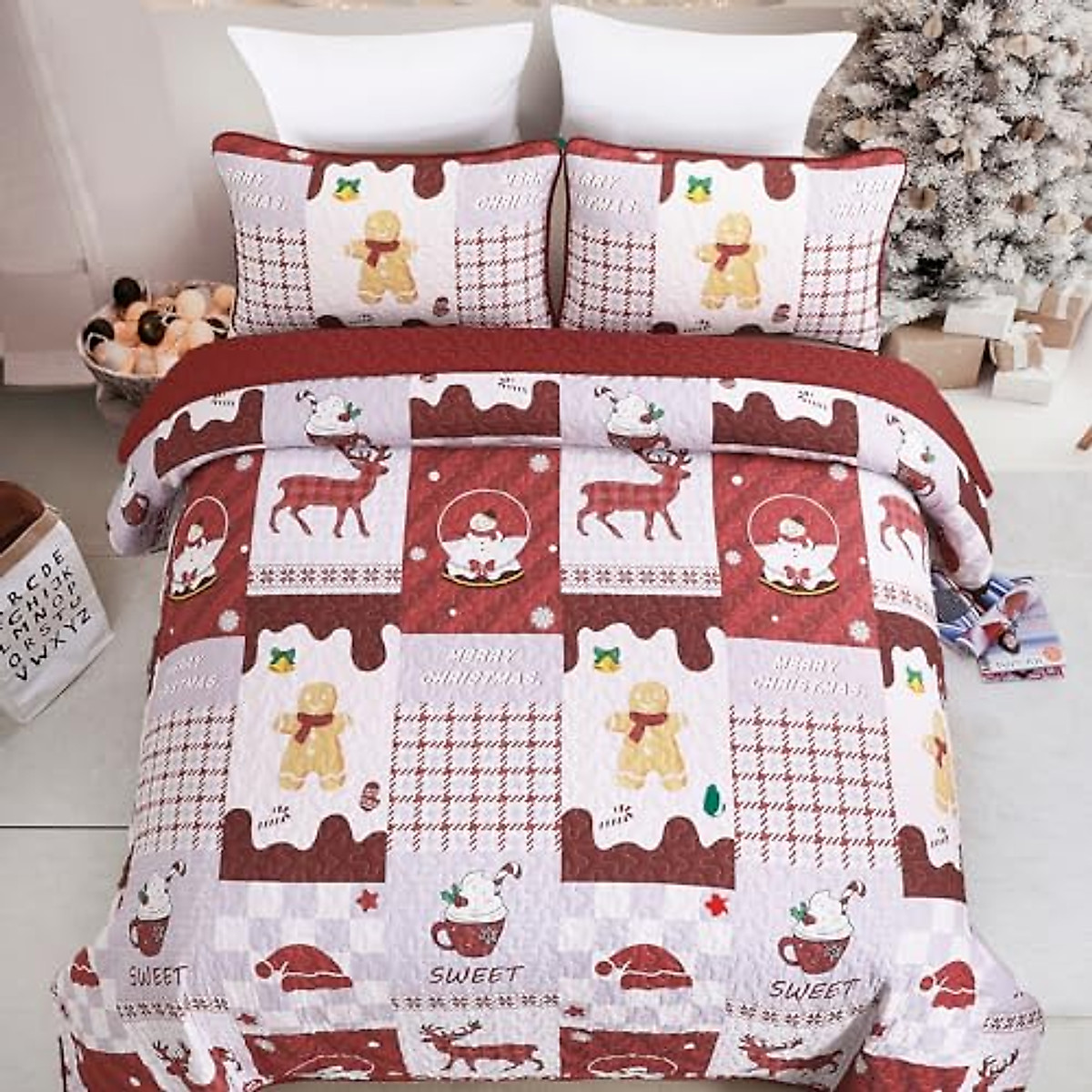Drucon Christmas Quilt Set King Reversible Christmas Deer Snowflake Pattern Red Deer Plaid Patchwork Bedding Quilt Coverlet with 2 Pillowshams for All Season 104"x90"