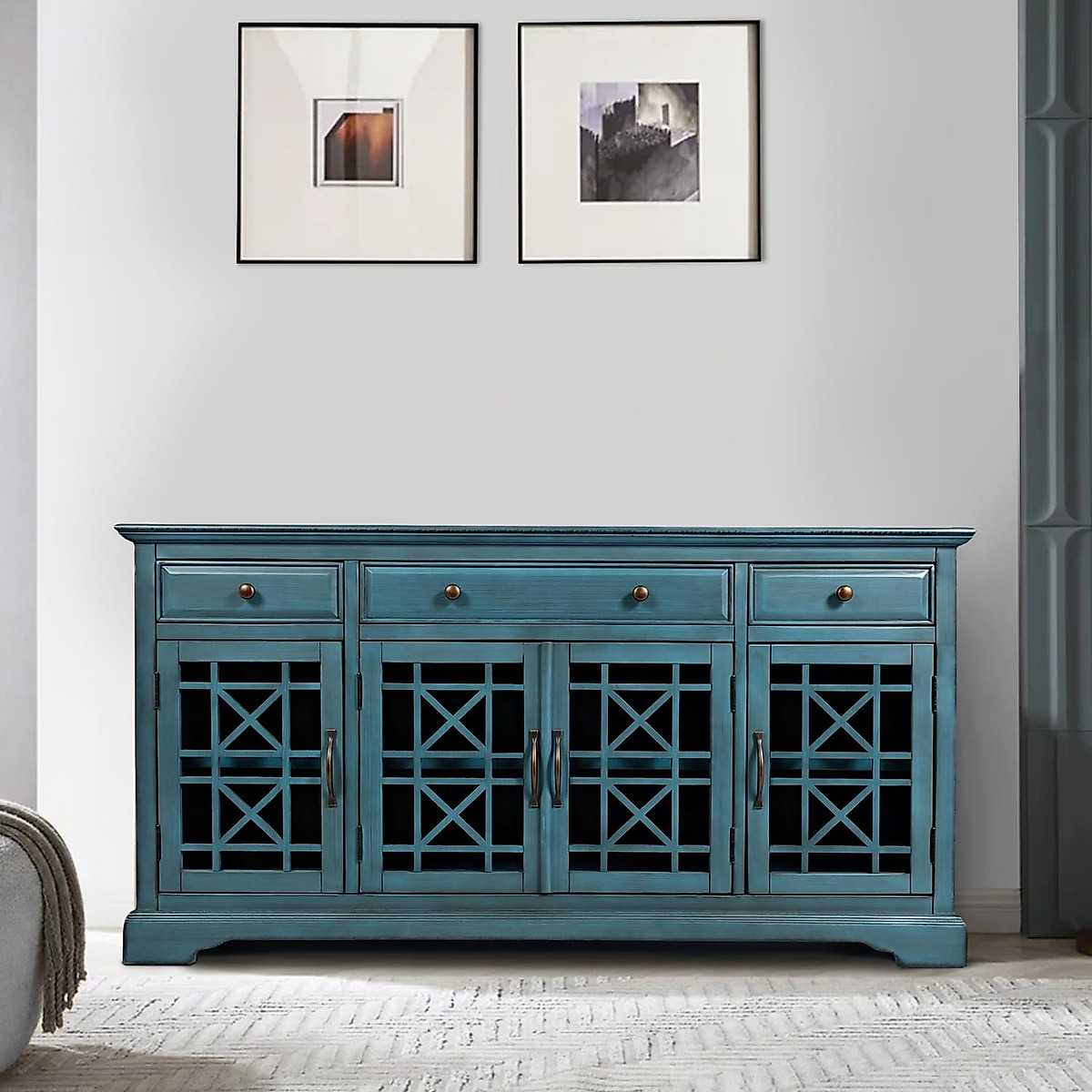 Benjara Koi 60 Inch Acacia TV Media Entertainment Center Console, 4 Glass Doors, Crossed Wood Design, Antique Blue, 60-Inch